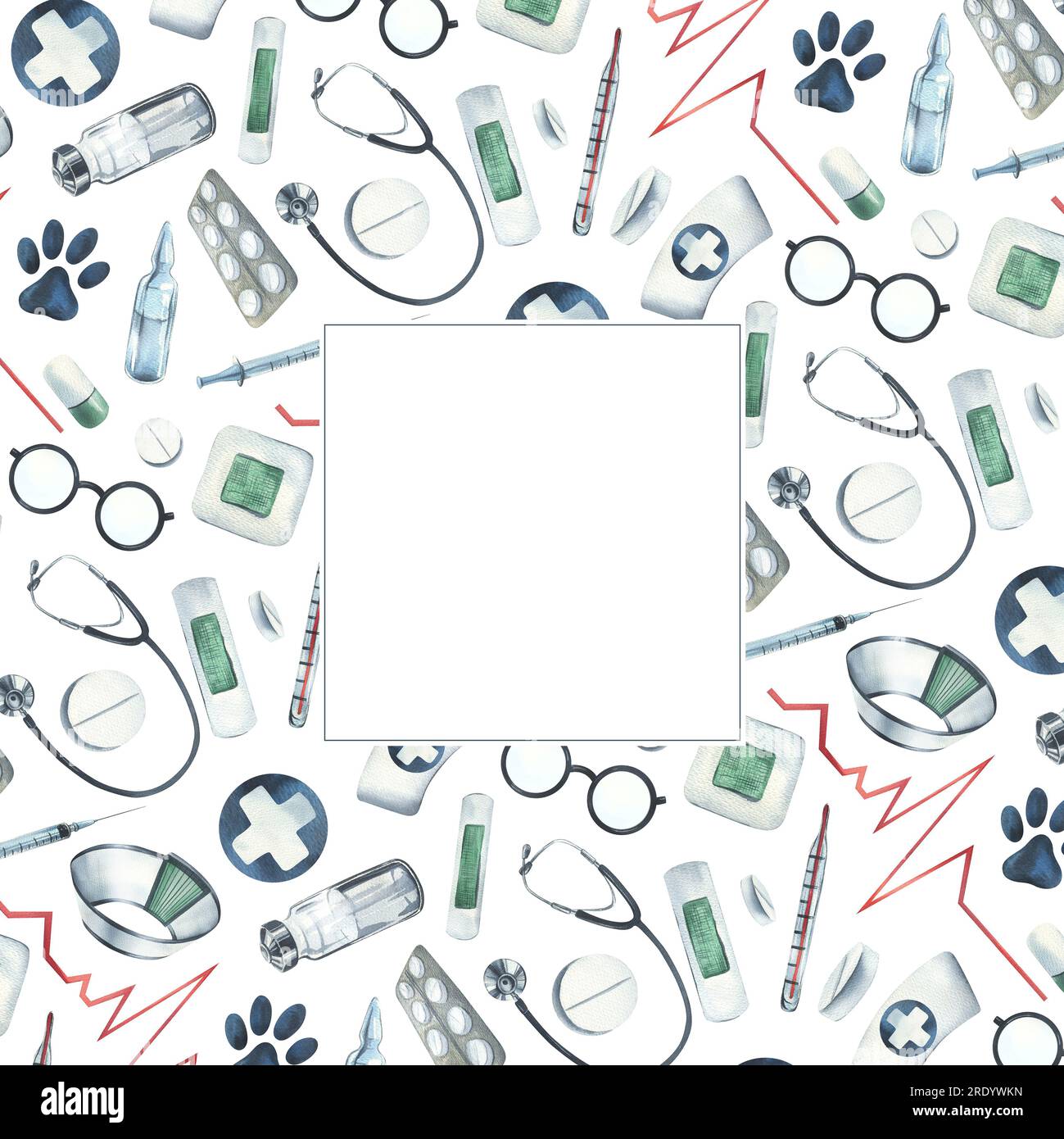 Veterinary medical instruments, medicines, stethoscope, a blue cross on ...
