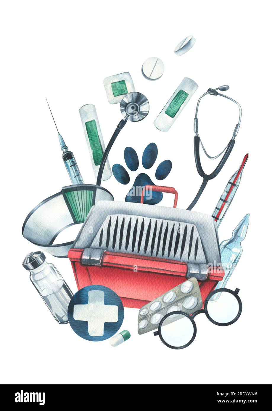 Veterinary equipment. Watercolor illustration. . For the design and ...