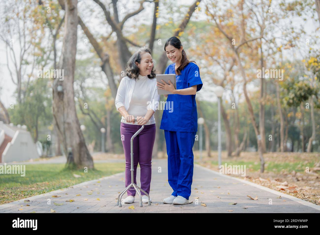 Patient care,, young Asian female nurse caring for with a cane and ...