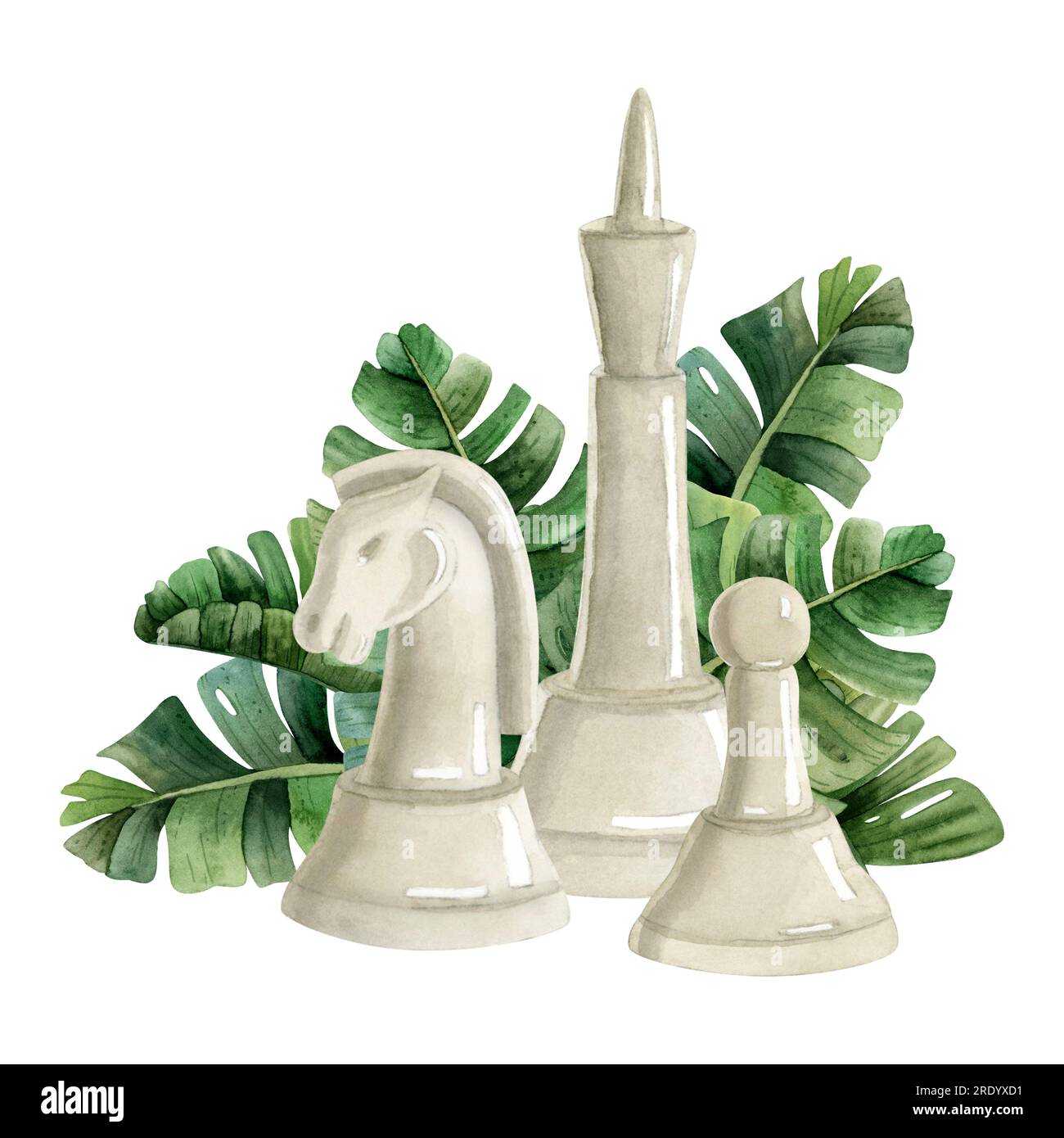 White king, knight and pawn chess pieces with tropical palm leaves ...