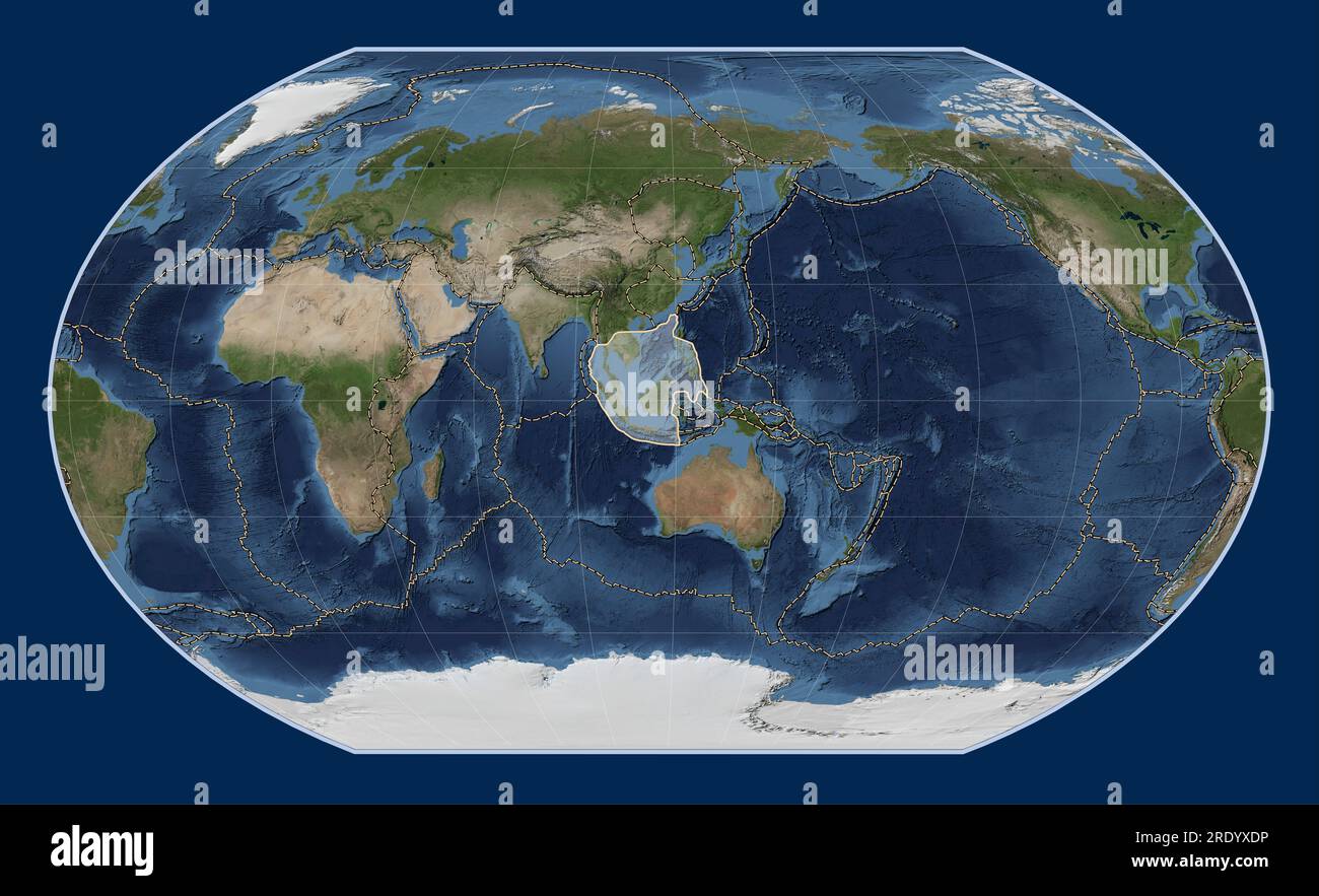 Sunda tectonic plate on the Blue Marble satellite map in the Kavrayskiy ...
