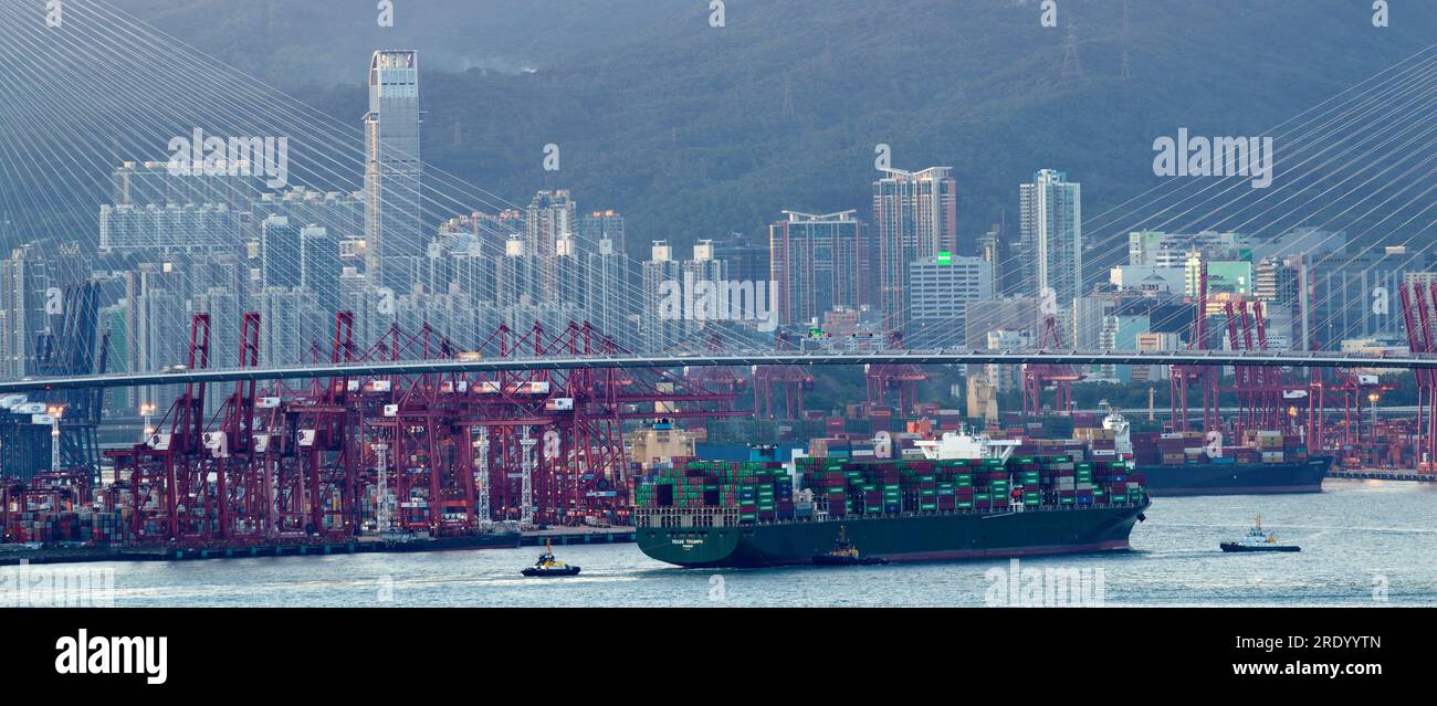 Hong Kong container port and Tsing Yi bridge, Hong Kong, China Stock ...