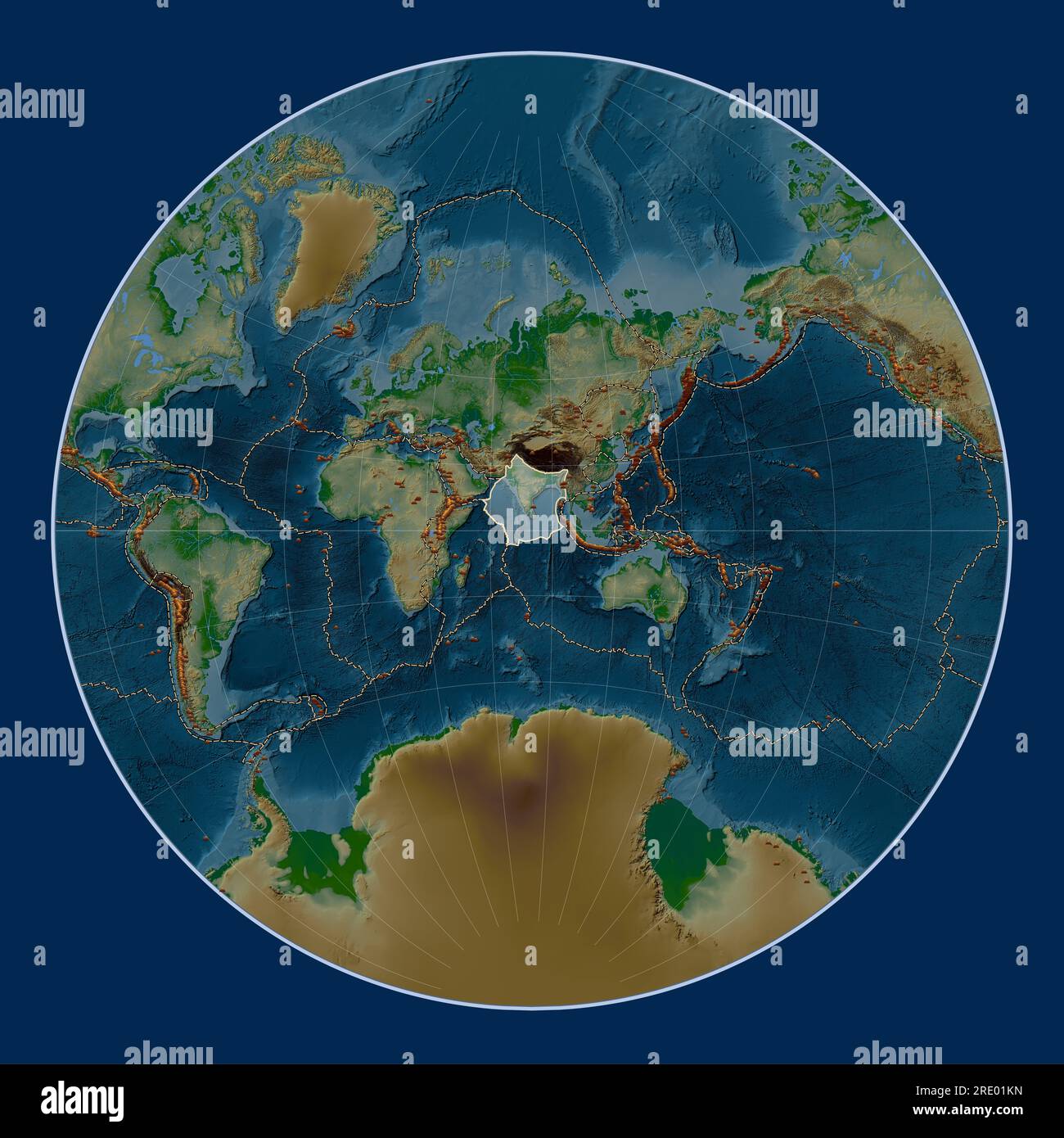 Indian tectonic plate on the physical elevation map in the Lagrange ...