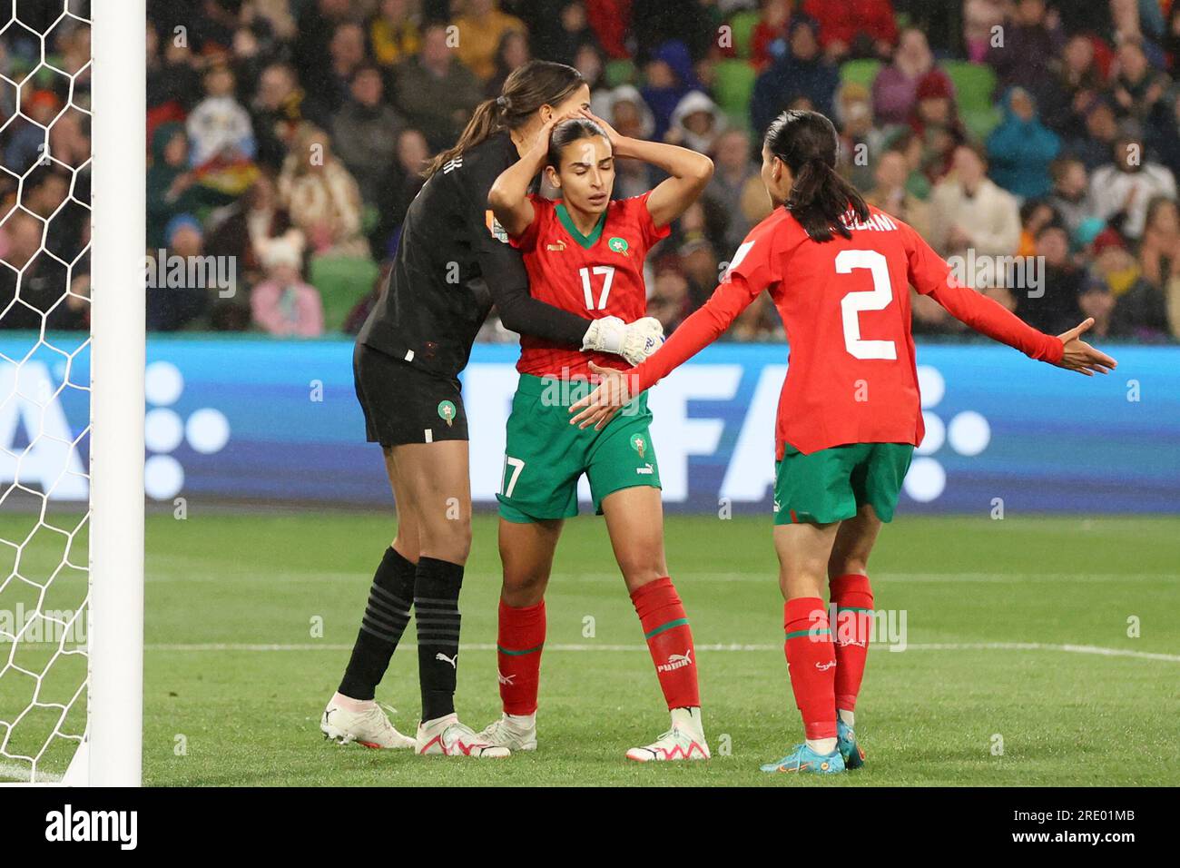 Morocco's goalkeeper Khadija Er-Rmichi, left, embraces teammate Hanane ...