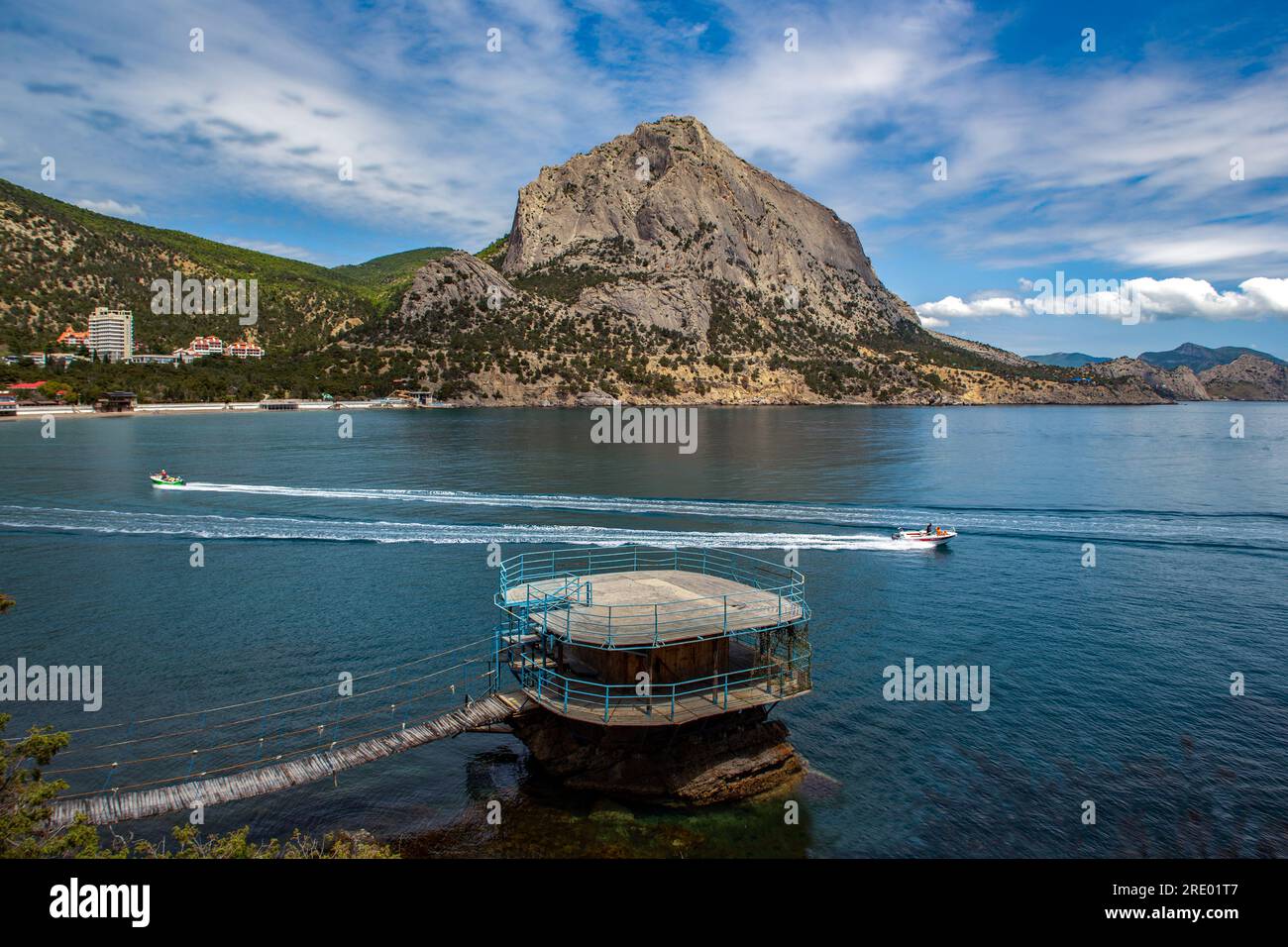 Observation deck on the mountain and two boat Stock Photo - Alamy
