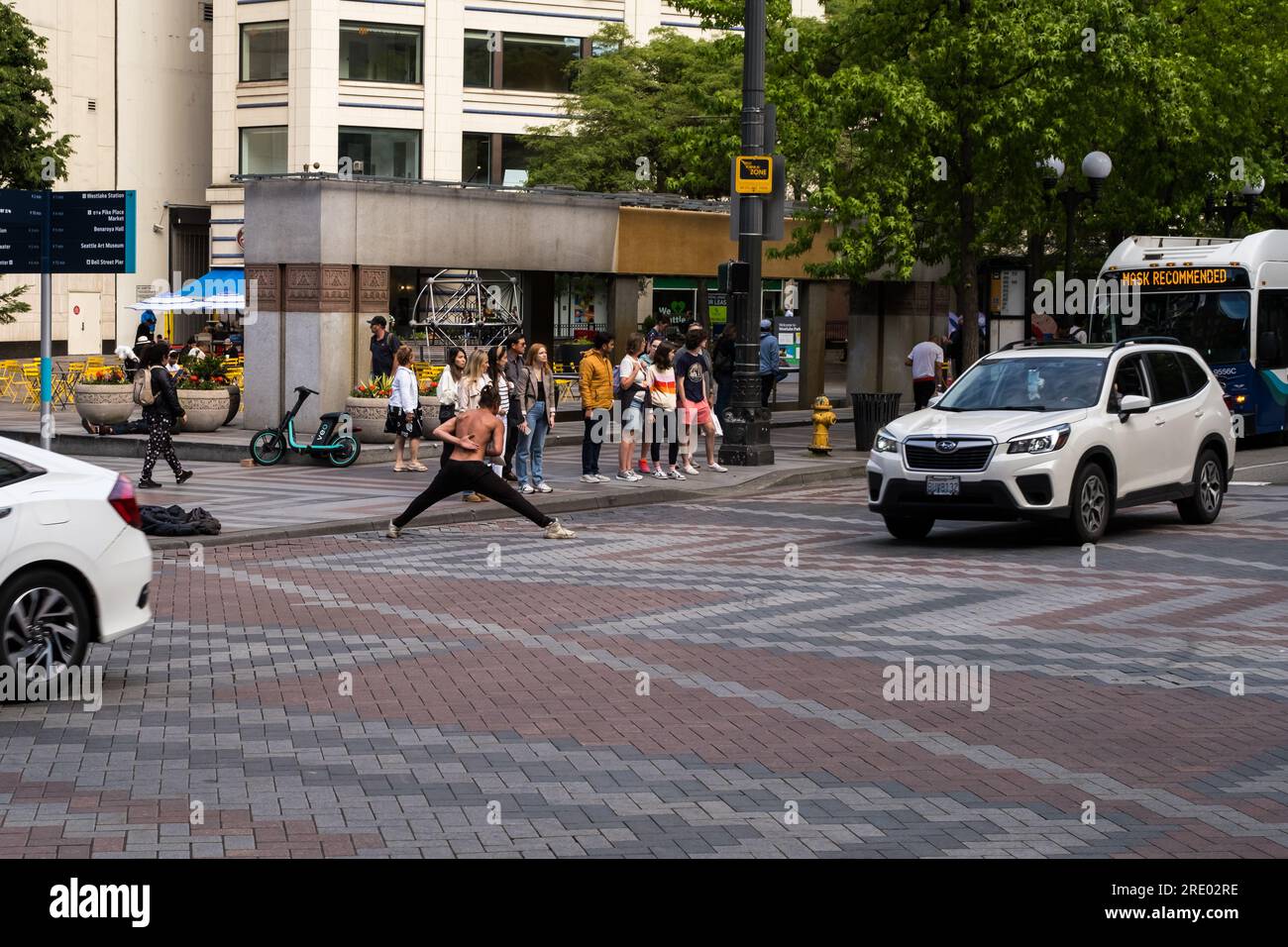 Seattle, USA. 14 Jun, 2023. A person blocking a bus in the Westlake ...