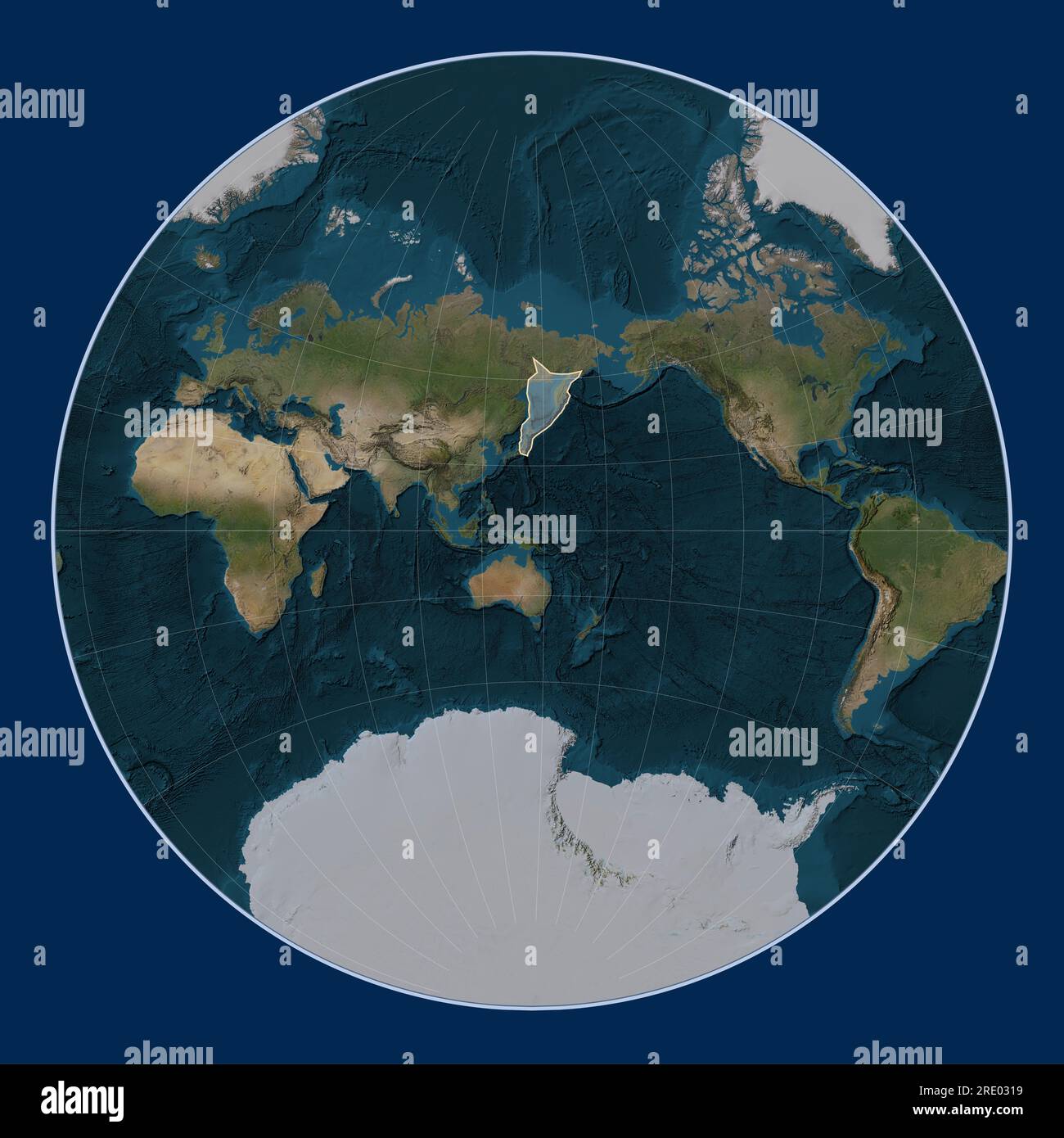 Okhotsk tectonic plate on the Blue Marble satellite map in the Lagrange ...