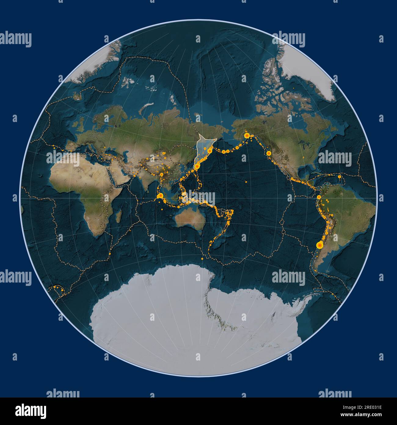 Okhotsk tectonic plate on the Blue Marble satellite map in the Lagrange ...