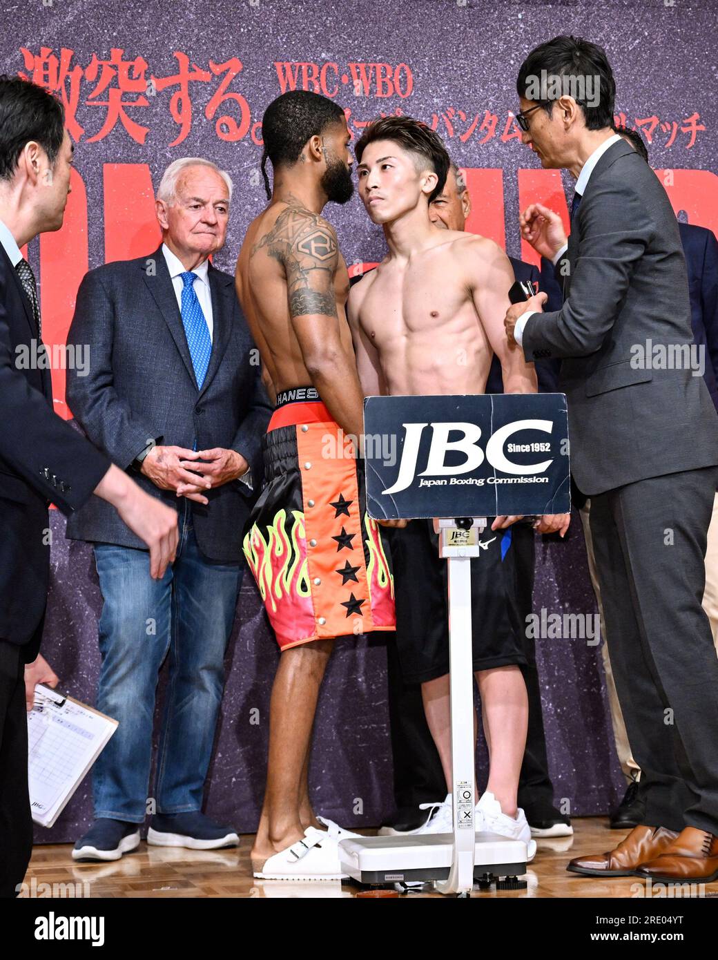 Champion Stephen Fulton (L) of US and challenbger Naoya Inoue of Japan ...