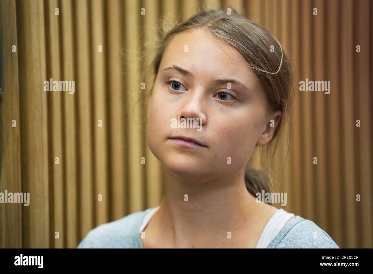 Climate activist Greta Thunberg waits for a hearing in a court in Malmo ...