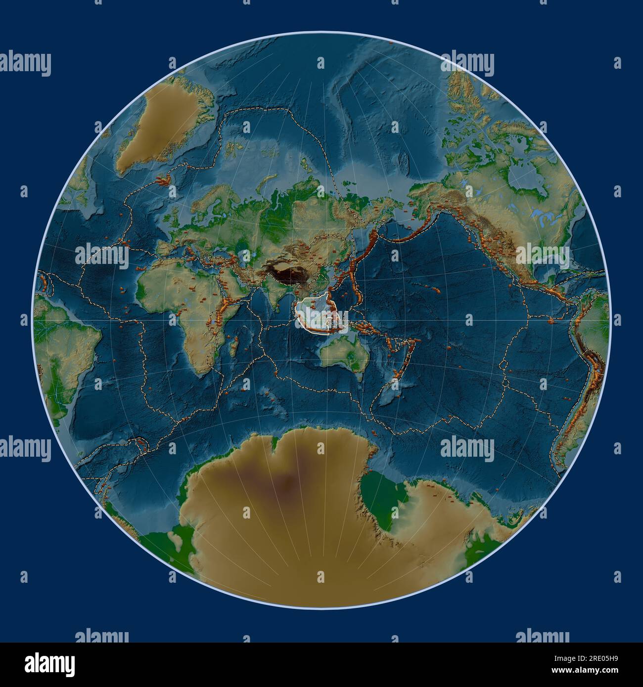 Sunda tectonic plate on the physical elevation map in the Lagrange ...