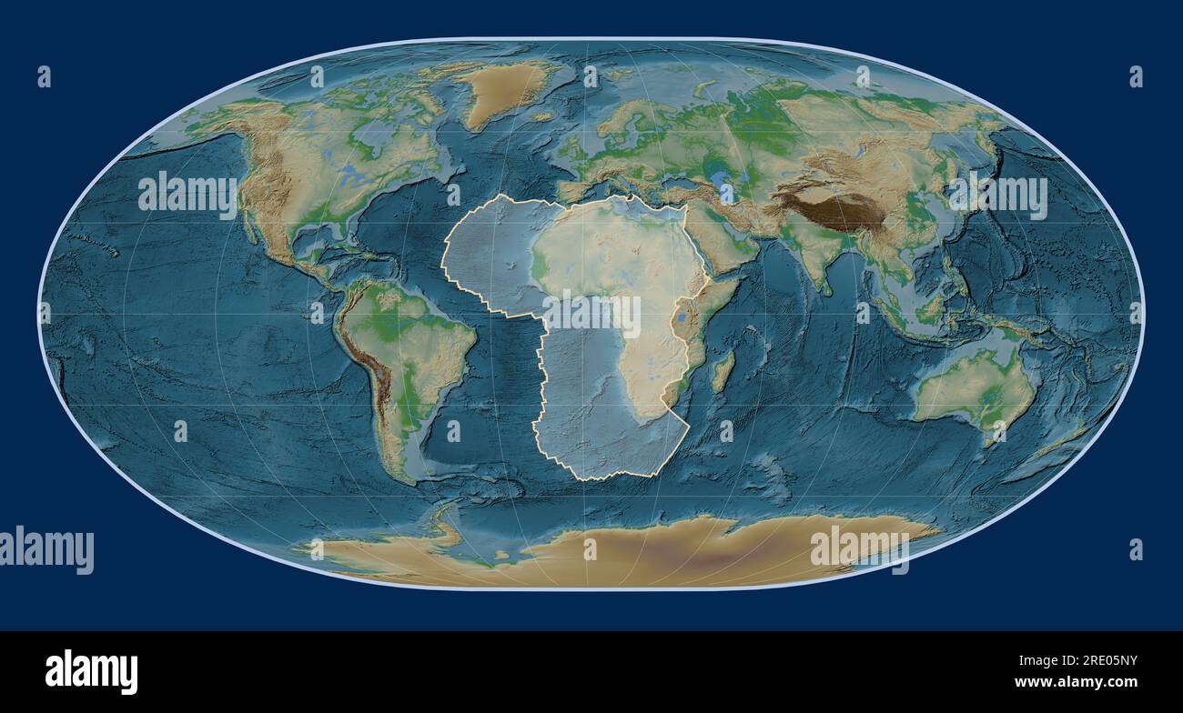 African tectonic plate on the physical elevation map in the Loximuthal ...