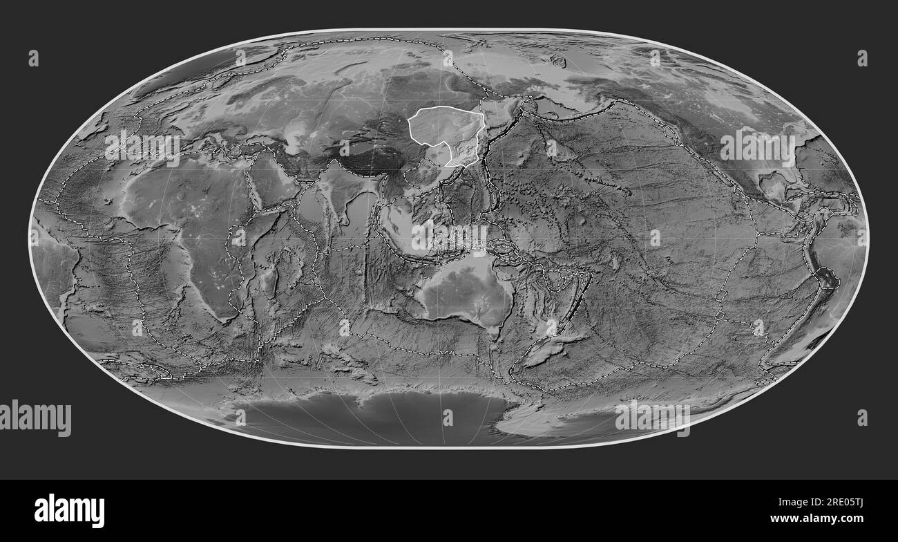 Amur tectonic plate on the grayscale elevation map in the Loximuthal ...