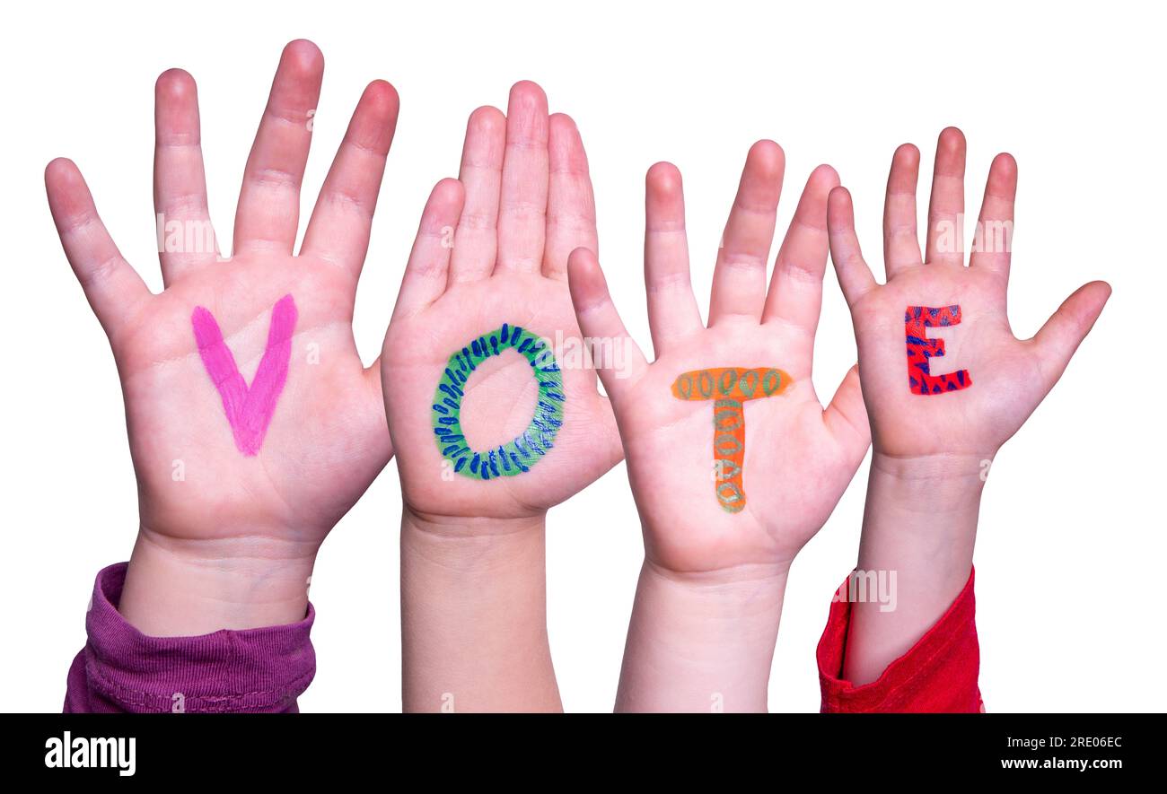 Children Hands Building Word Vote. White Background Stock Photo - Alamy