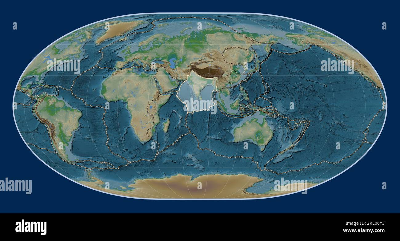 Indian tectonic plate on the physical elevation map in the Loximuthal ...