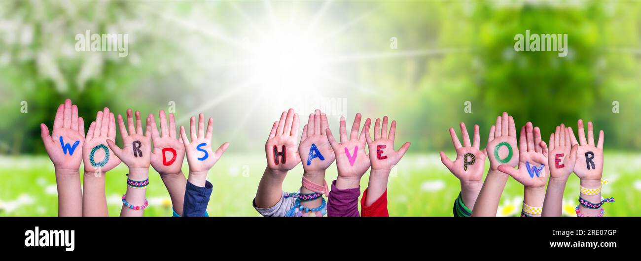 Children Hands Building Word Words Have Power, Grass Meadow Stock Photo ...