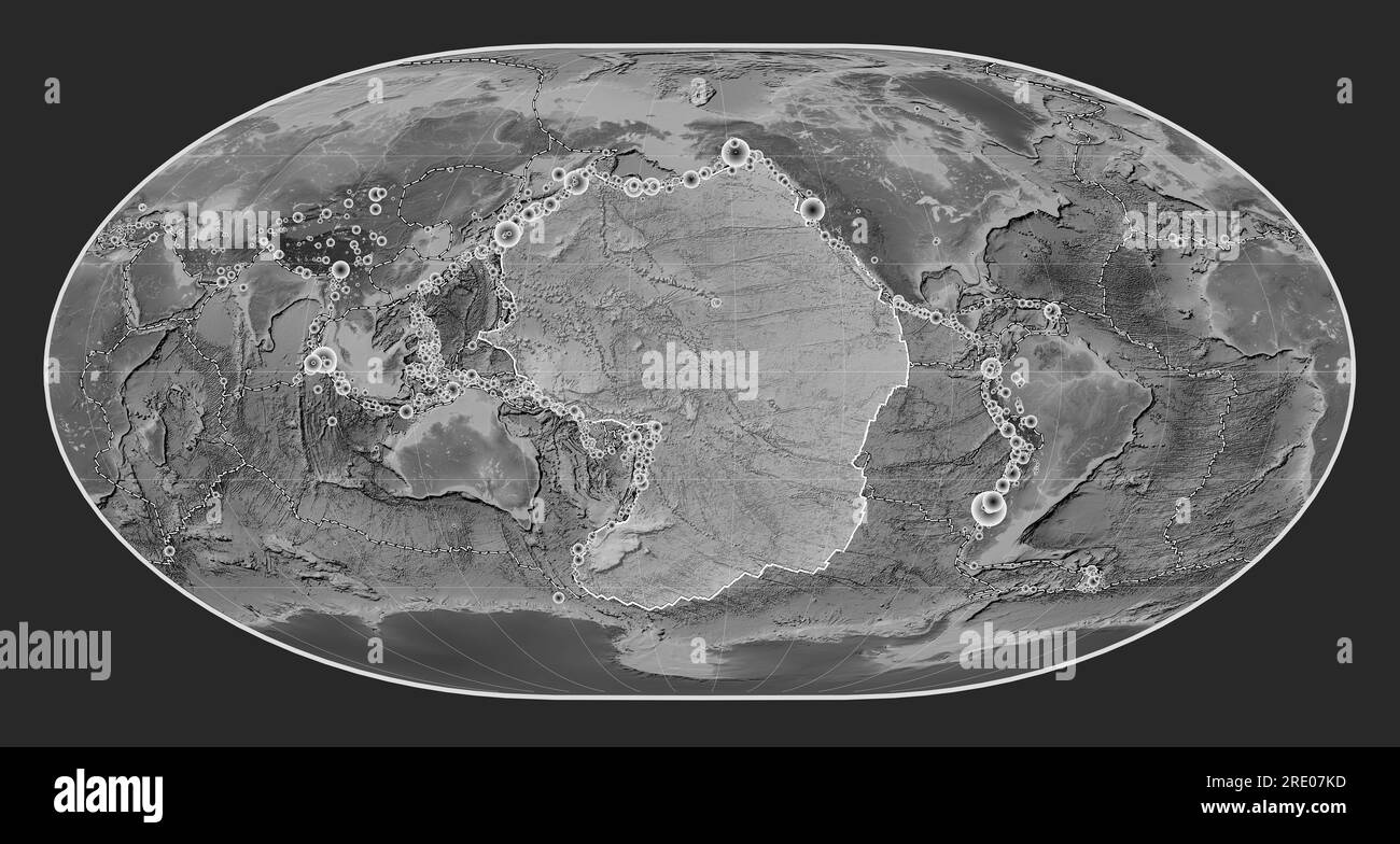 Pacific tectonic plate on the grayscale elevation map in the Loximuthal ...