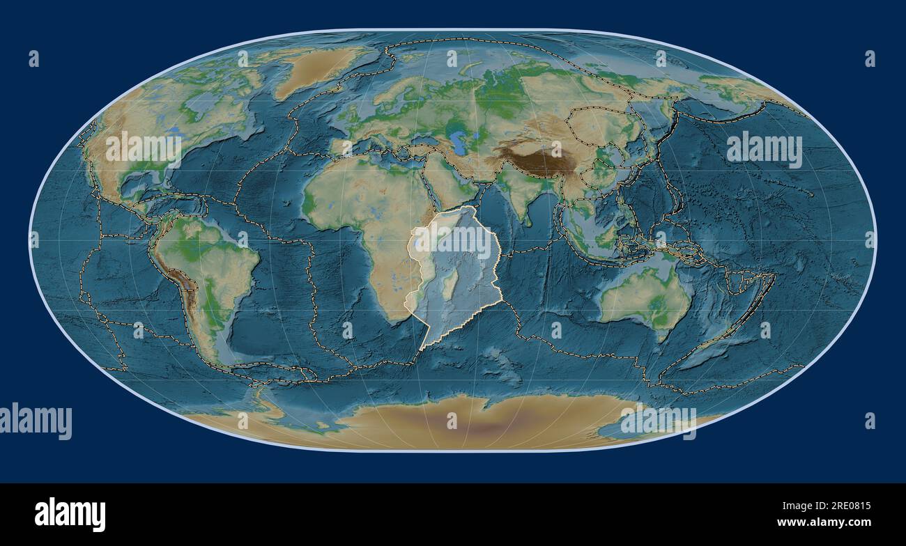 Somalian tectonic plate on the physical elevation map in the Loximuthal ...