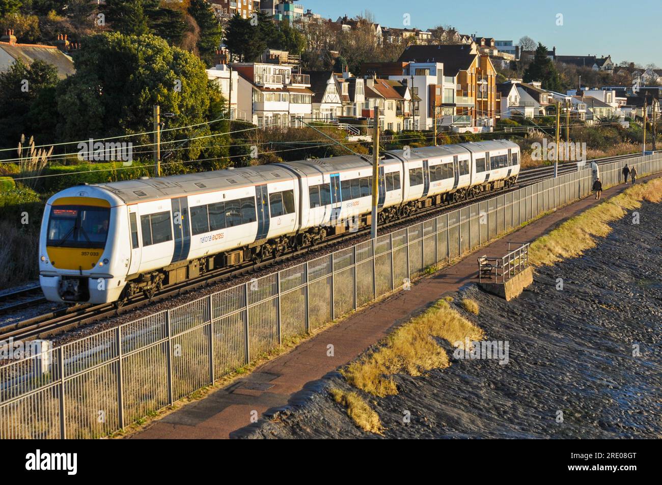 National Express, C2C train passing the coastal cinder path at ...