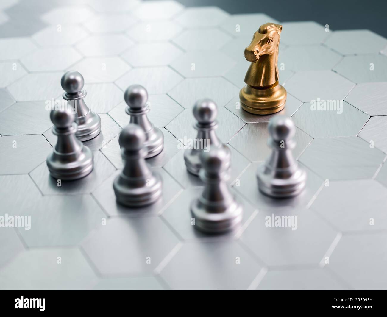 The golden Horse, knight chess piece standing in front of silver pawn ...