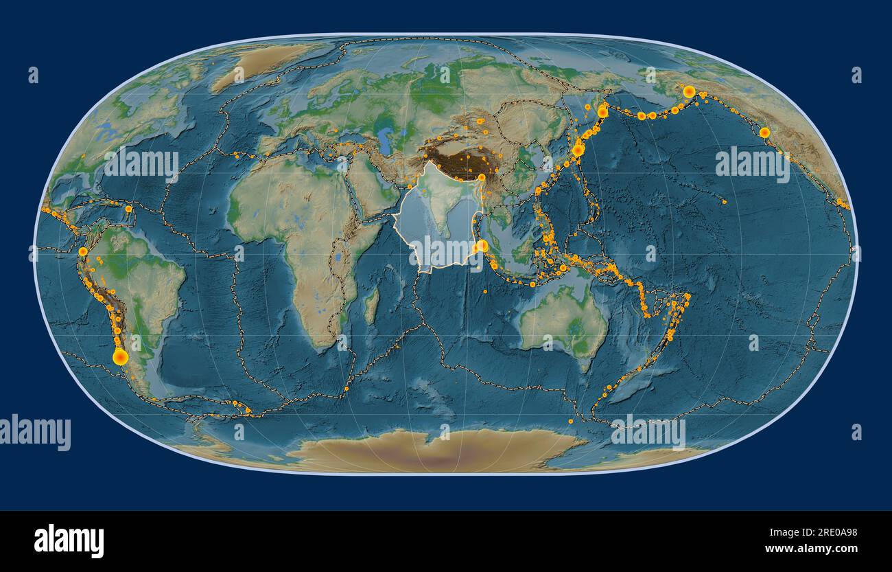 Indian tectonic plate on the physical elevation map in the Natural Earth II projection centered ...