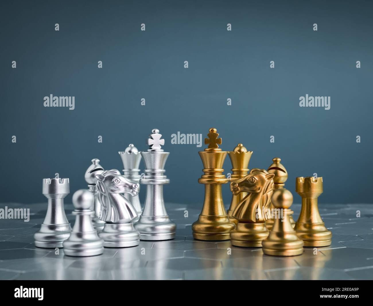 Set of golden and silver chess pieces element, king, queen rook, bishop ...