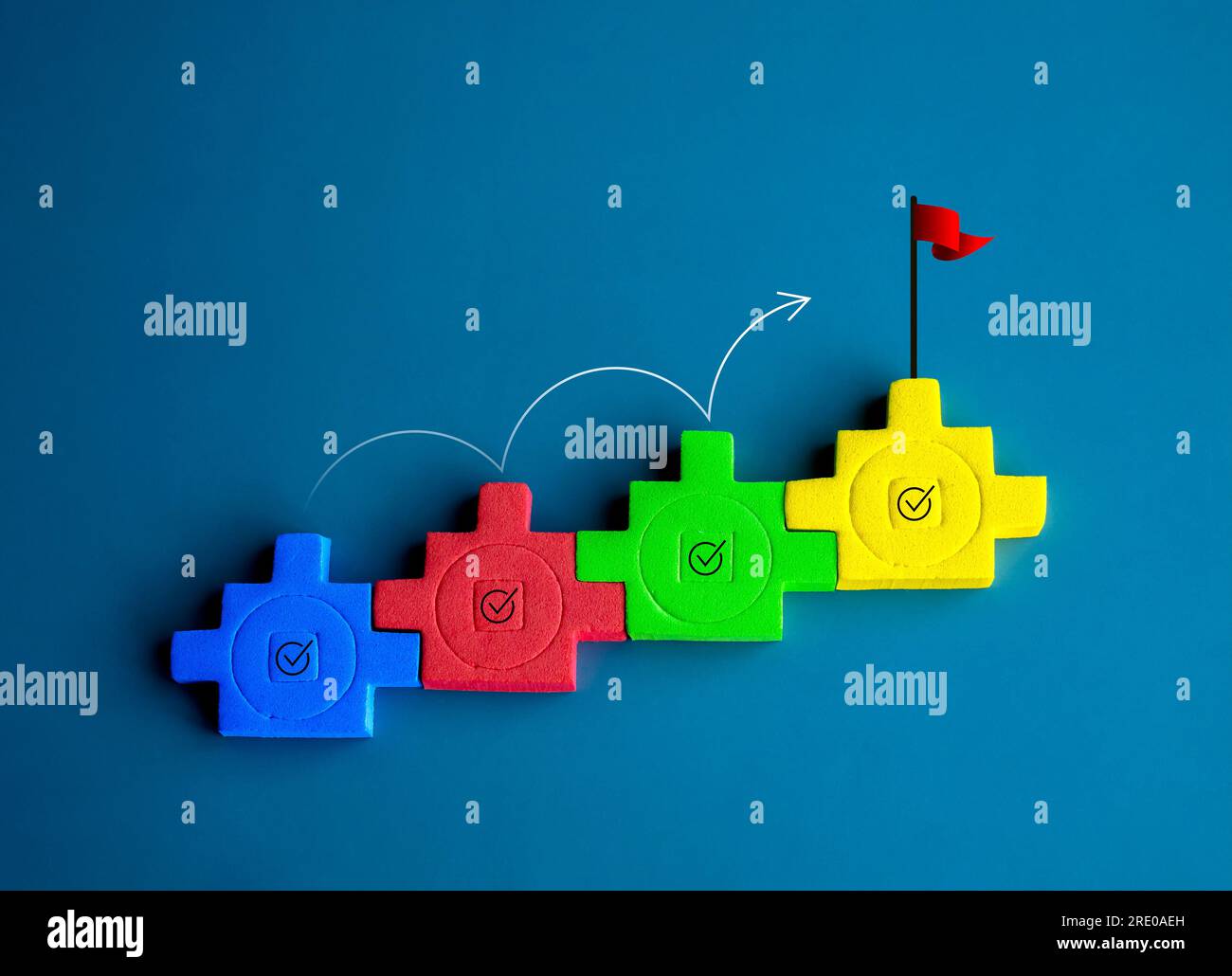 Curved line arrow jumping on colorful stairs with check mark symbols to ...