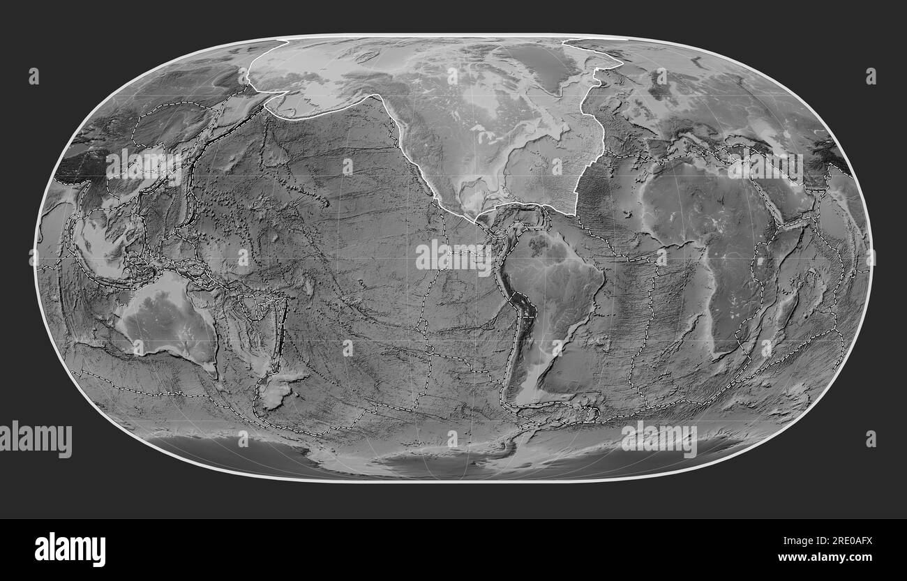 North American tectonic plate on the grayscale elevation map in the ...