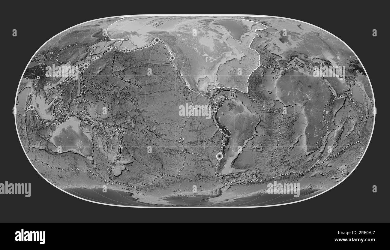 North American tectonic plate on the grayscale elevation map in the ...