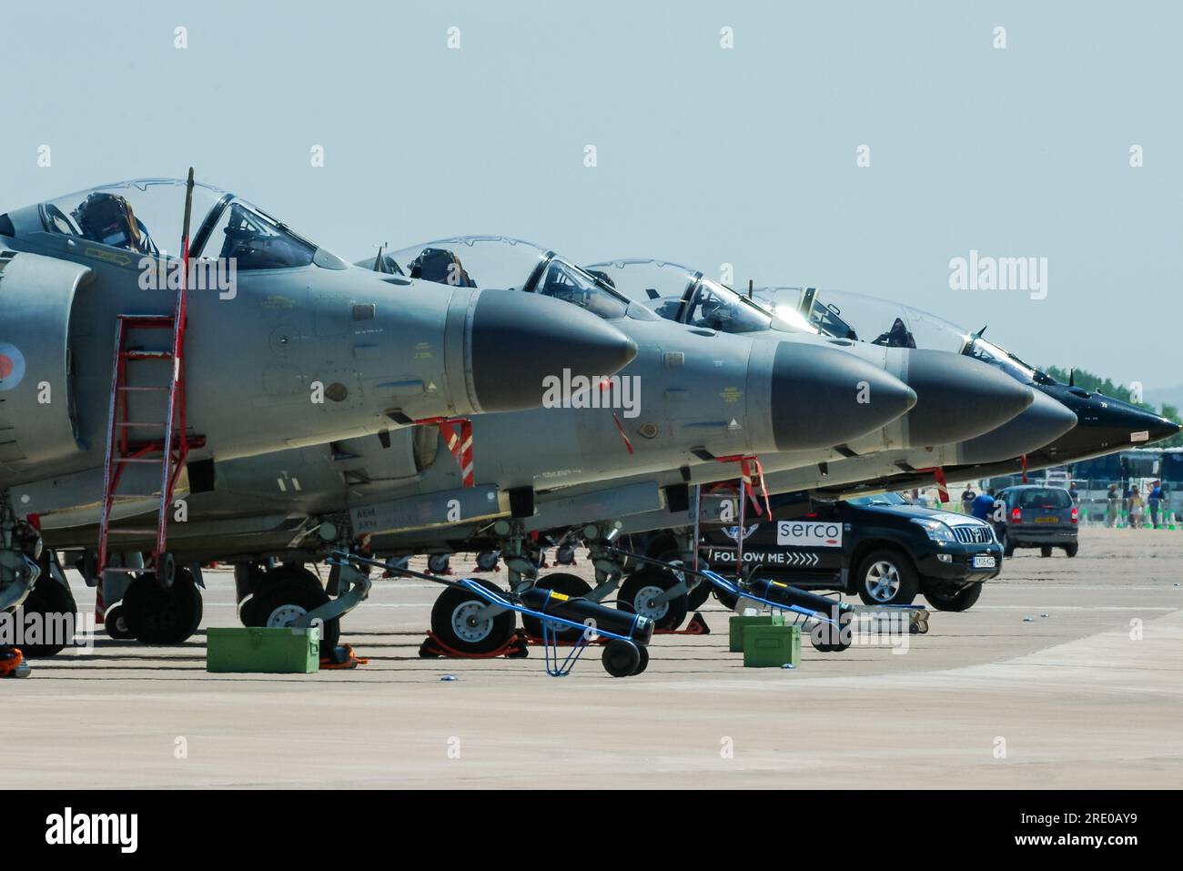Flight line of Royal Navy BAe Sea Harrier FA2 fighter jets and Harrier ...