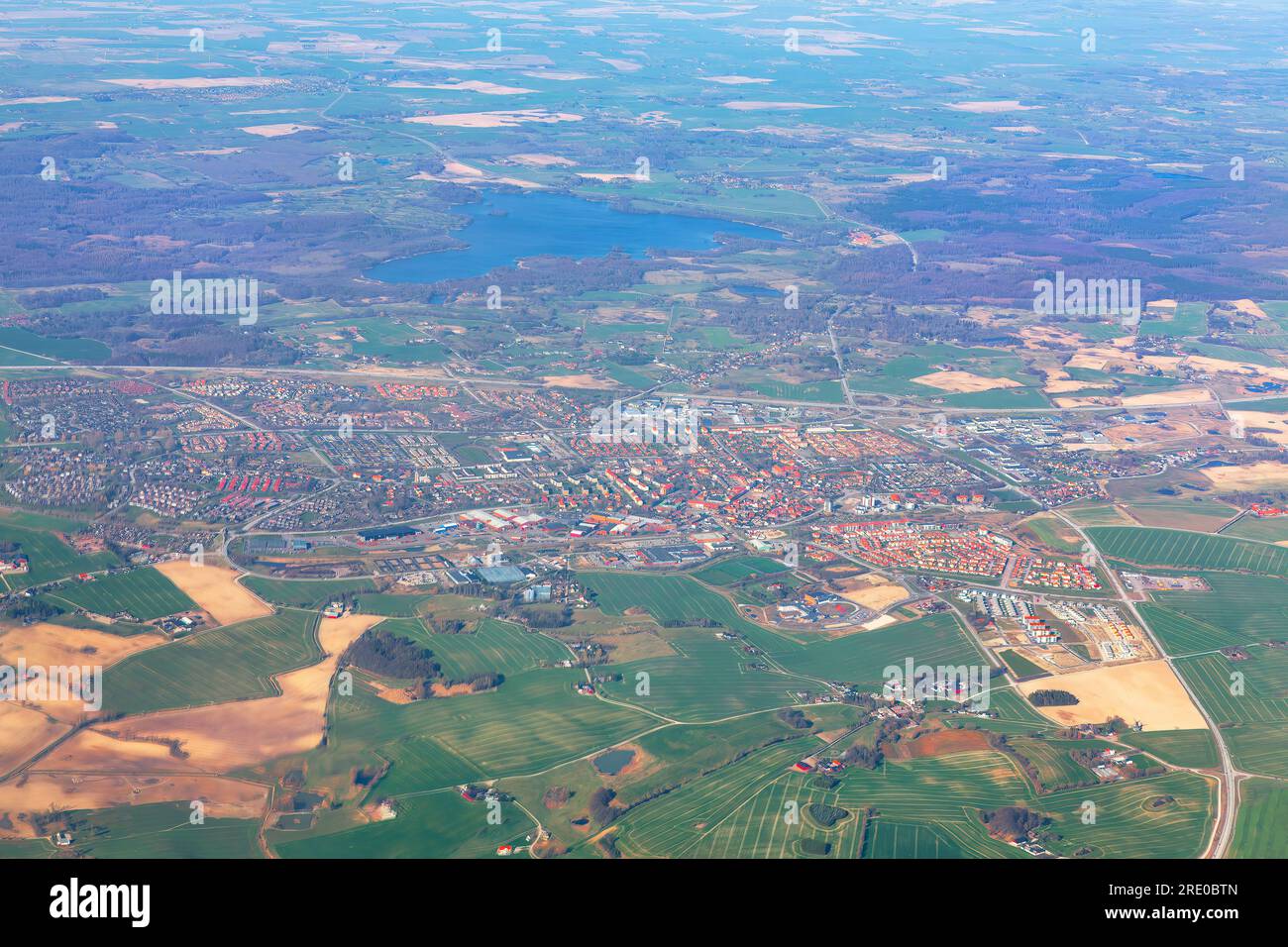 Aerial view of a small town in the countryside during flight ...