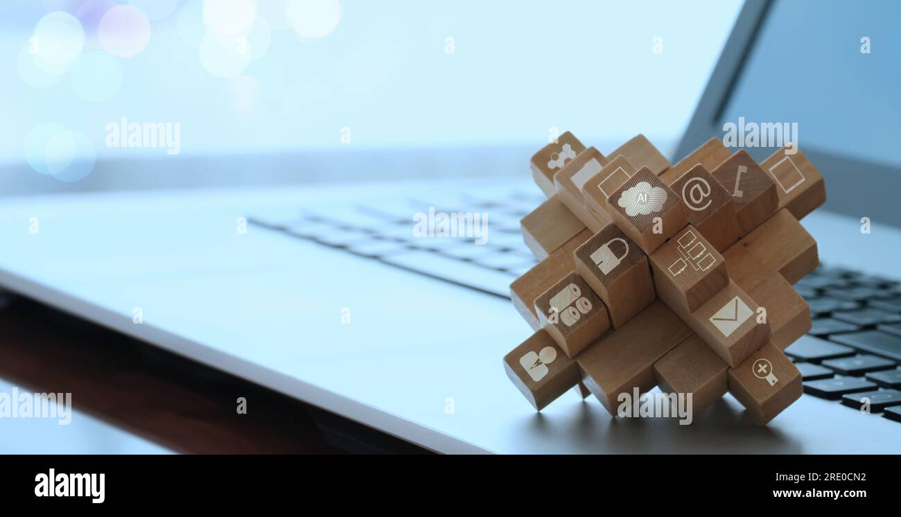 wood block with ai artificial intelligence technology network concept ...