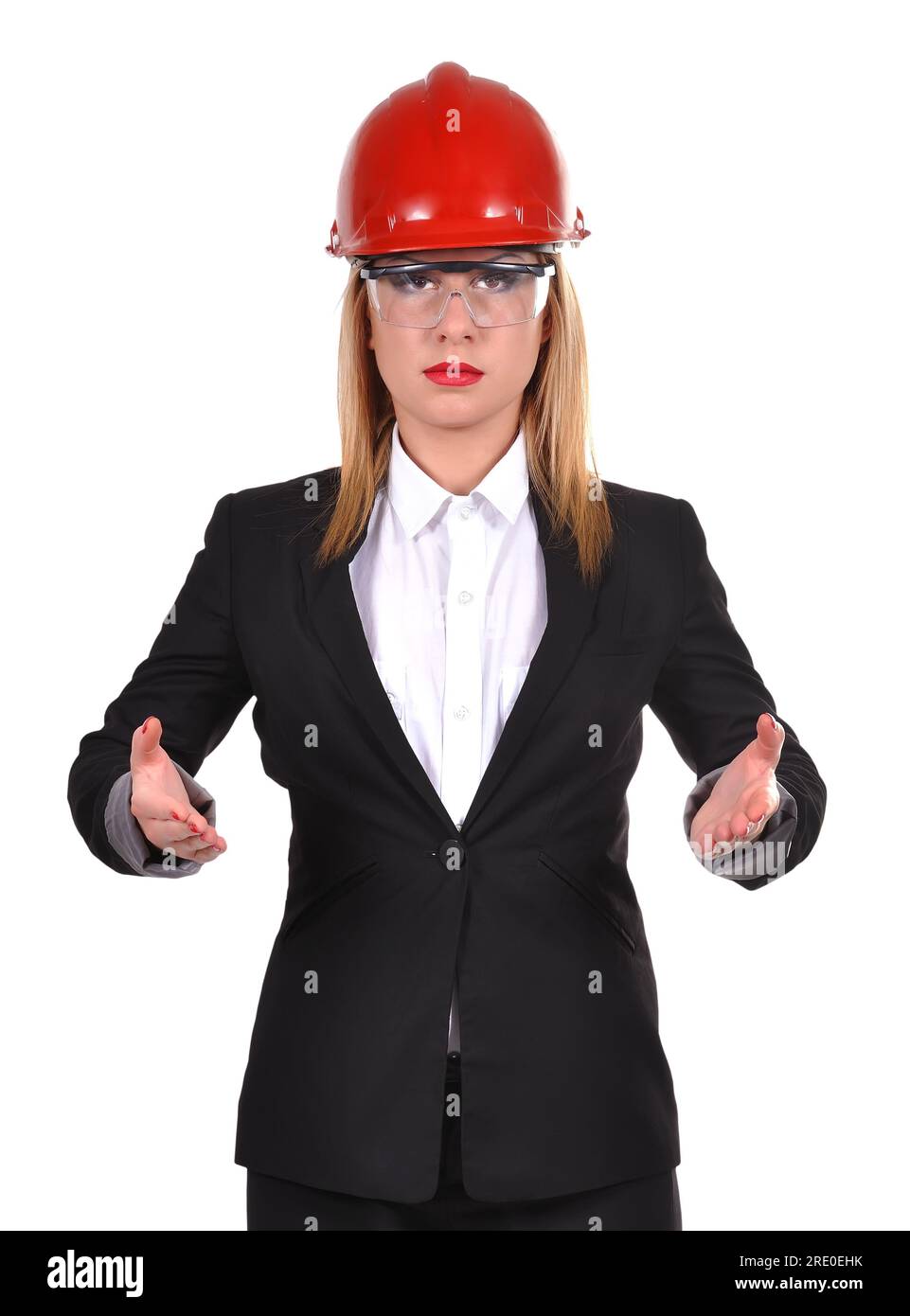 engineer woman with arms outstretched on white background Stock Photo ...