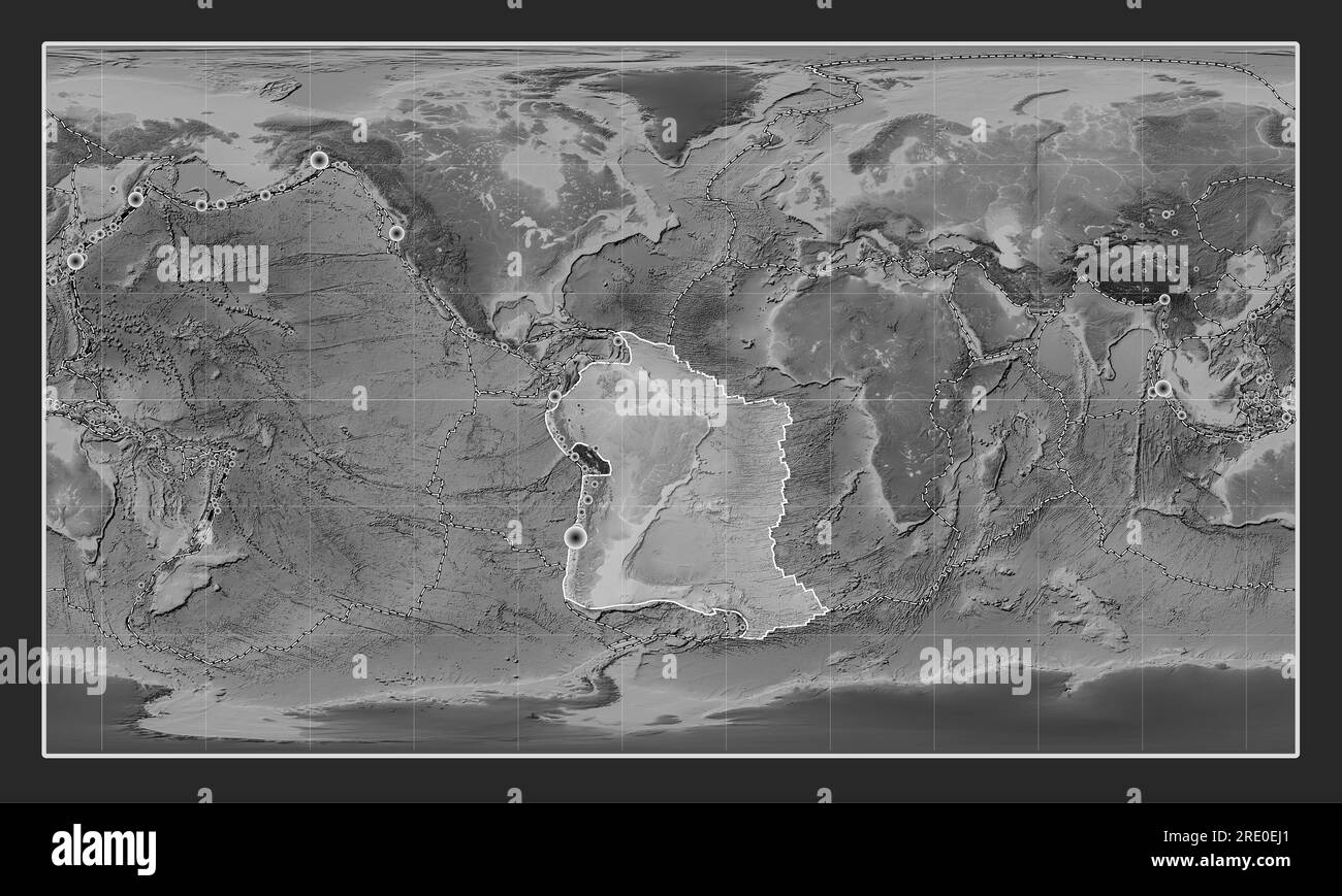 South American tectonic plate on the grayscale elevation map in the ...