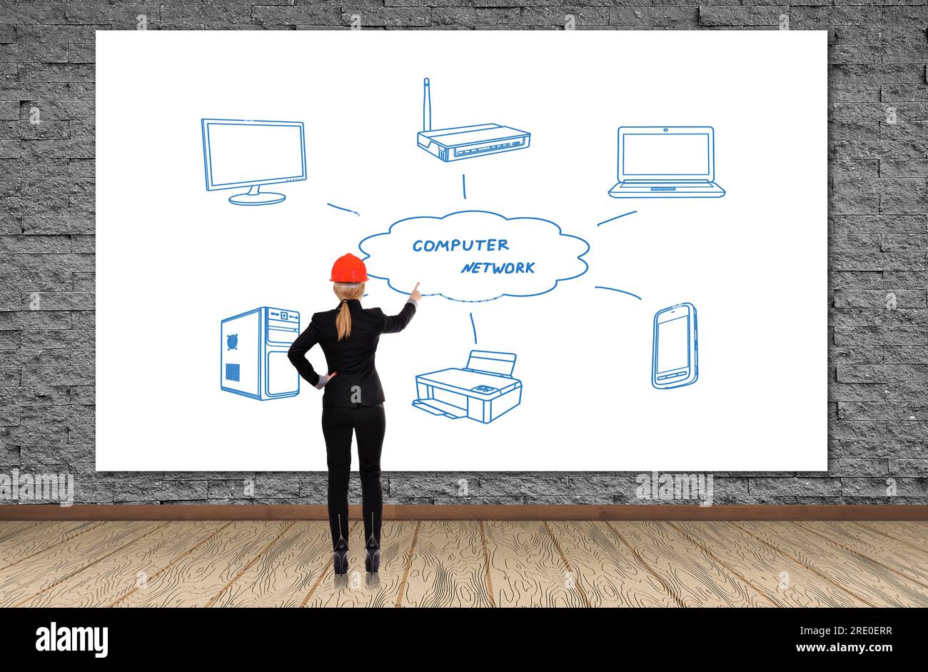 engineer woman pointing to big placard with computer network Stock ...