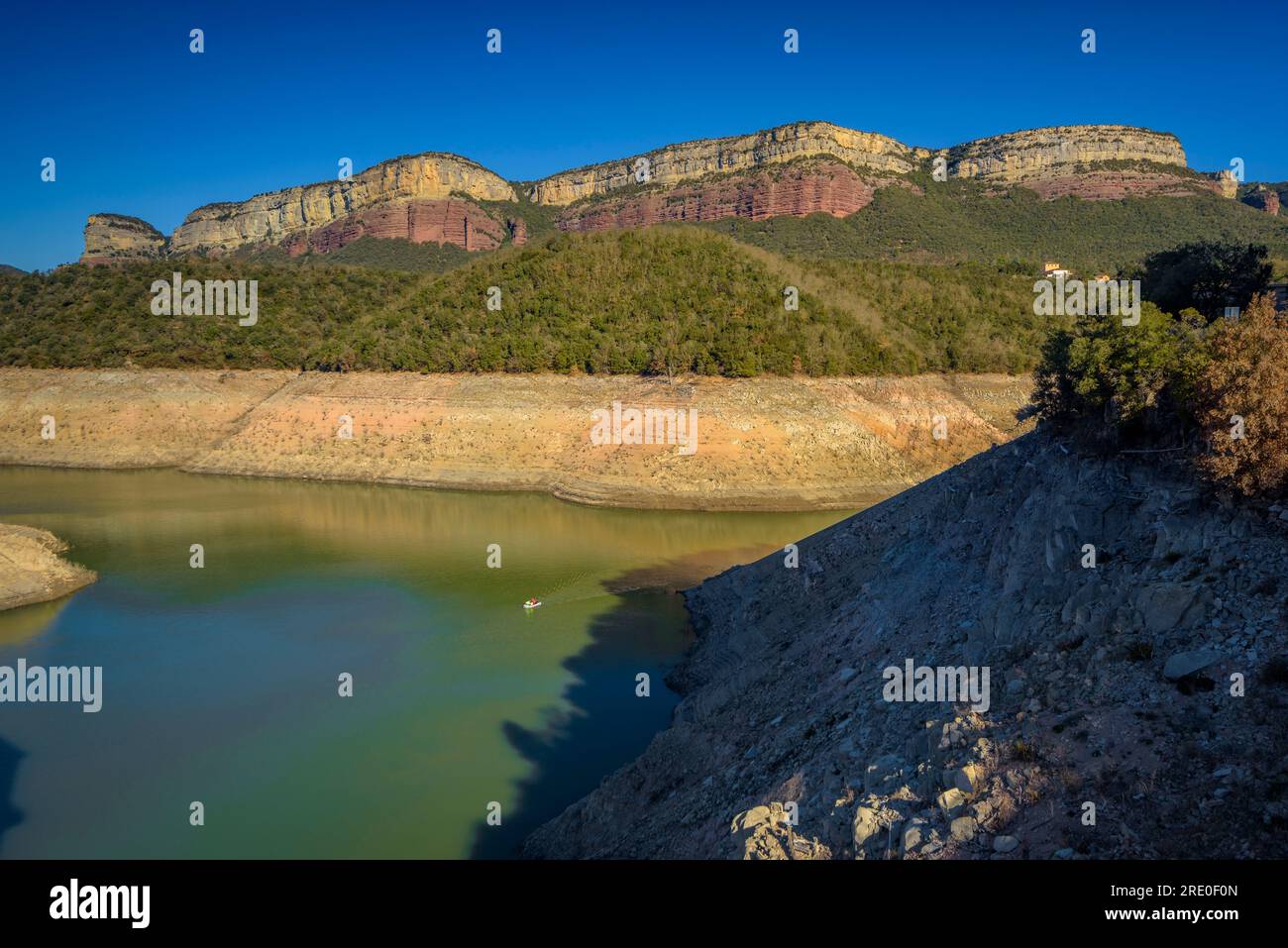 Dam of the Sau reservoir with the swamp almost empty during the 2022-23 ...
