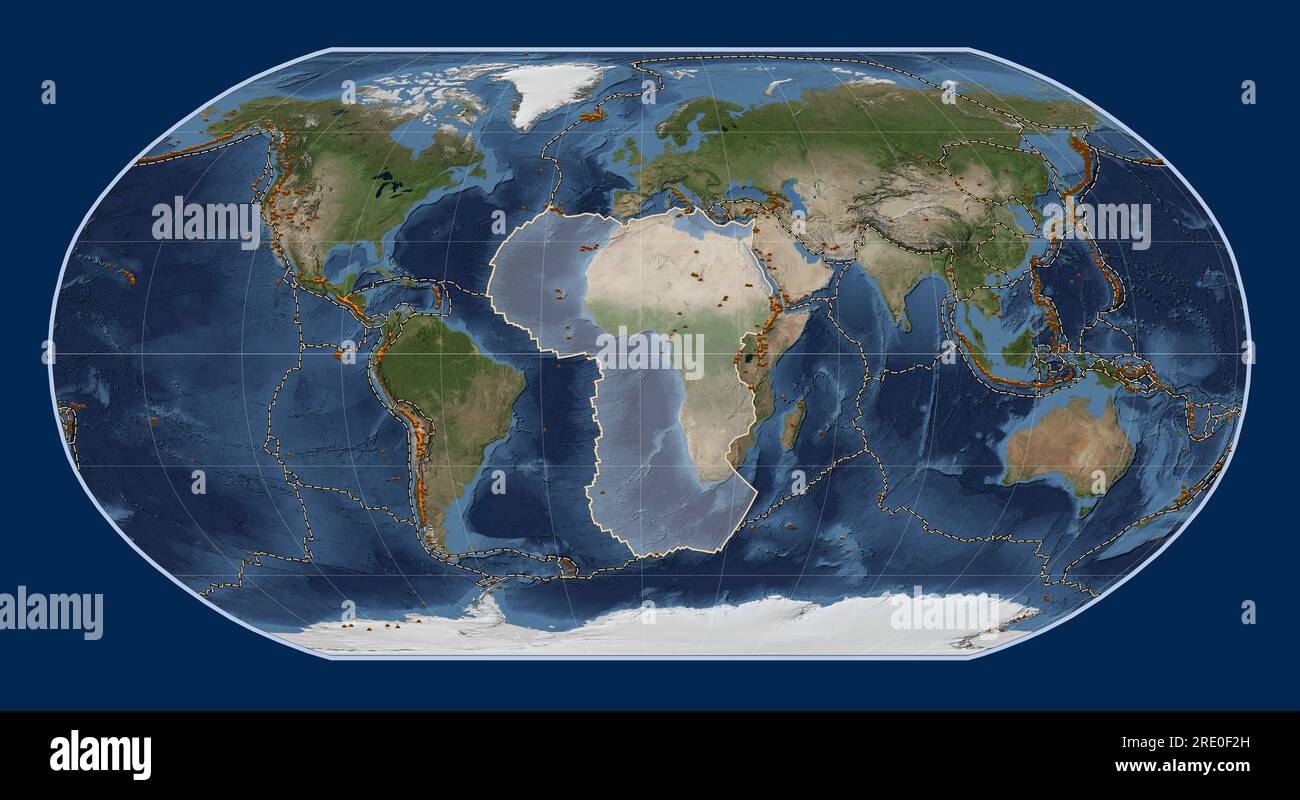 African tectonic plate on the Blue Marble satellite map in the Robinson ...