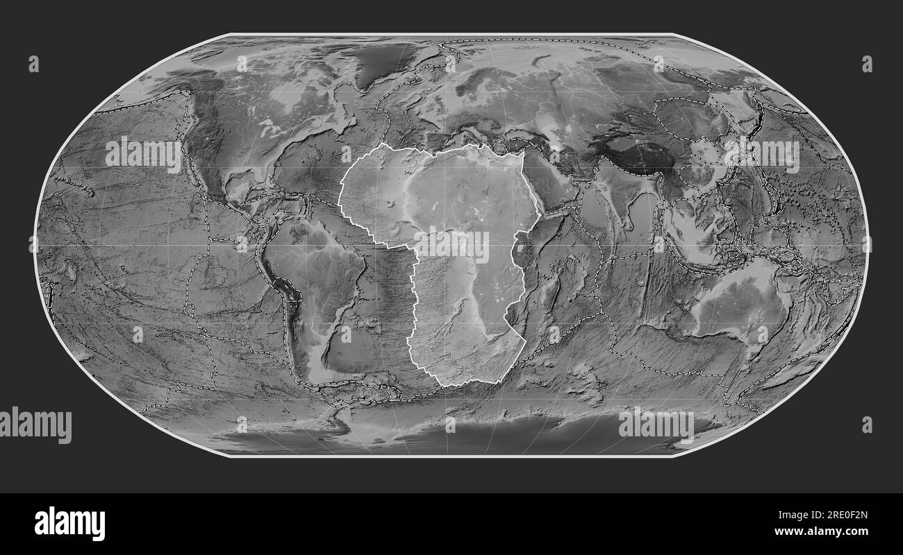 African tectonic plate on the grayscale elevation map in the Robinson ...