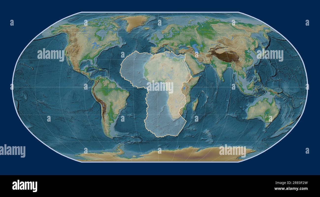 African tectonic plate on the physical elevation map in the Robinson ...