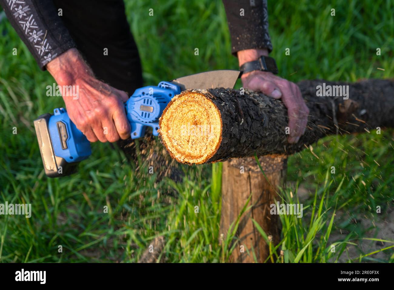 Hand-held portable camping electric saw on a battery for cutting ...