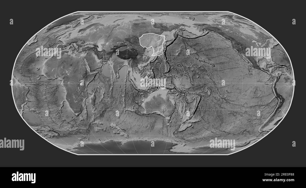 Amur Tectonic Plate On The Grayscale Elevation Map In The Robinson Projection Centered