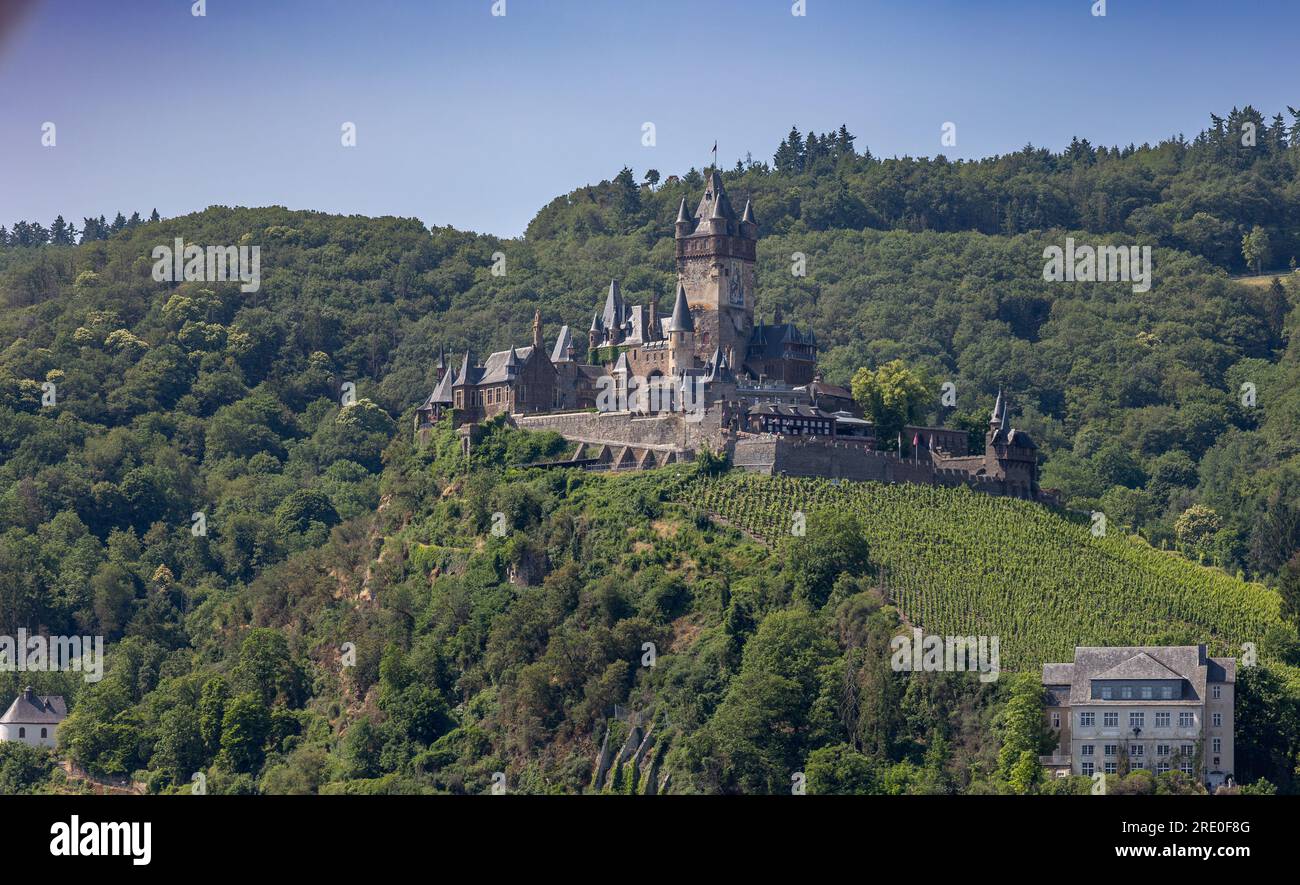 The old German medieval castle Reichsburg Cochem in the hills near the ...