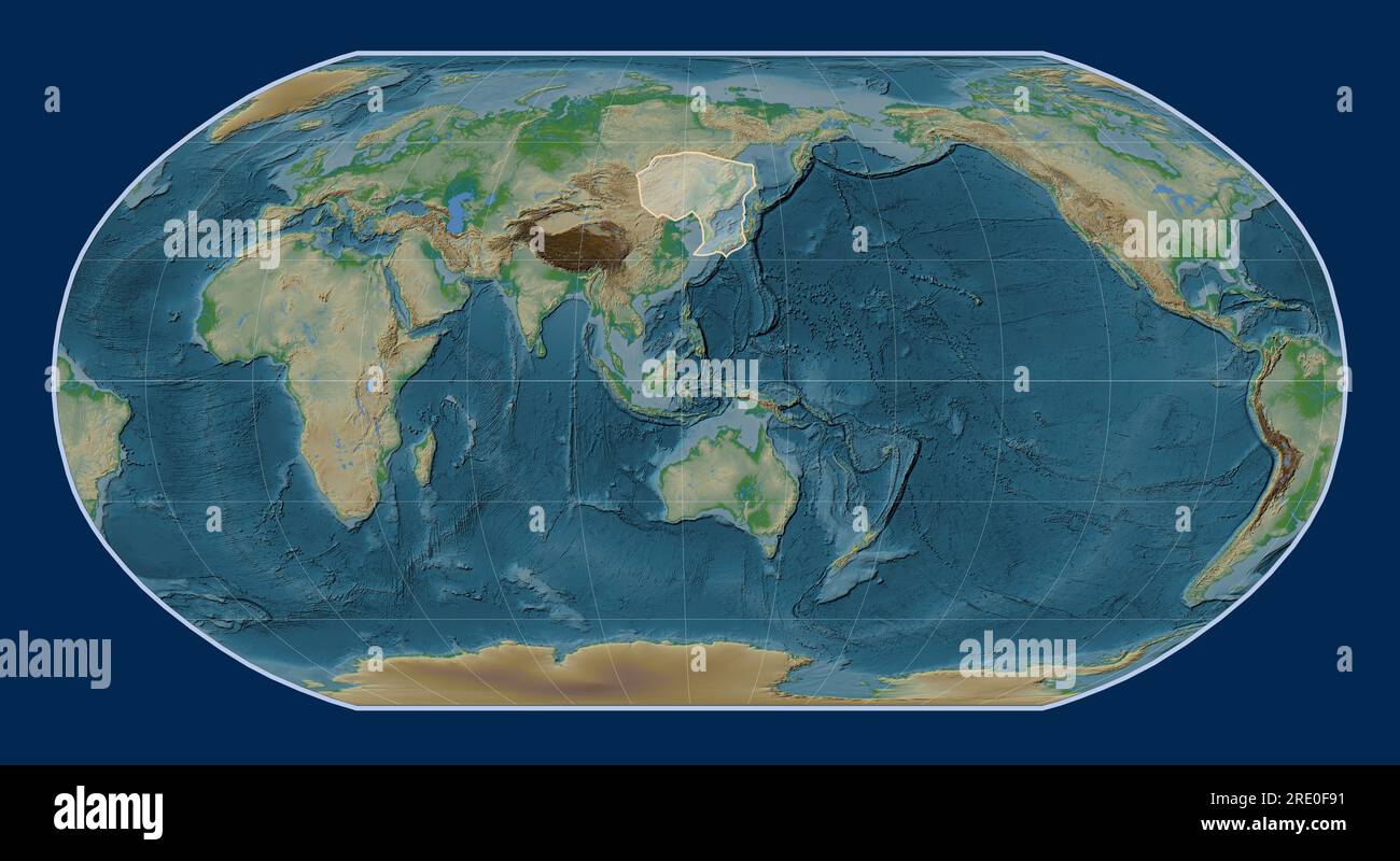 Amur tectonic plate on the physical elevation map in the Robinson ...