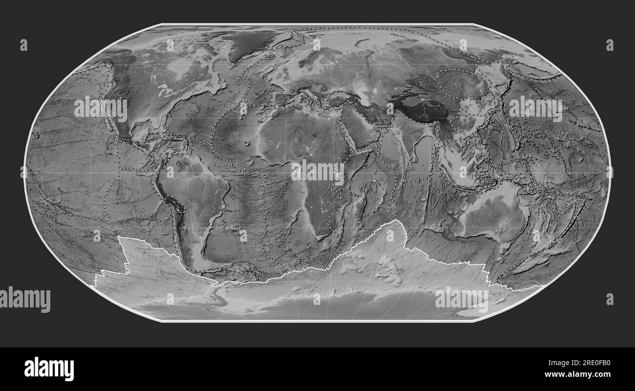 Antarctica Tectonic Plate On The Grayscale Elevation Map In The Robinson Projection Centered