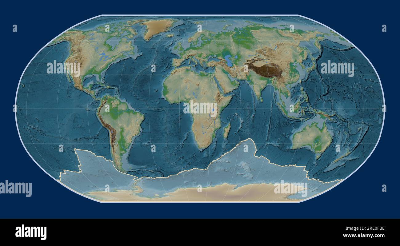 Antarctica tectonic plate on the physical elevation map in the Robinson ...