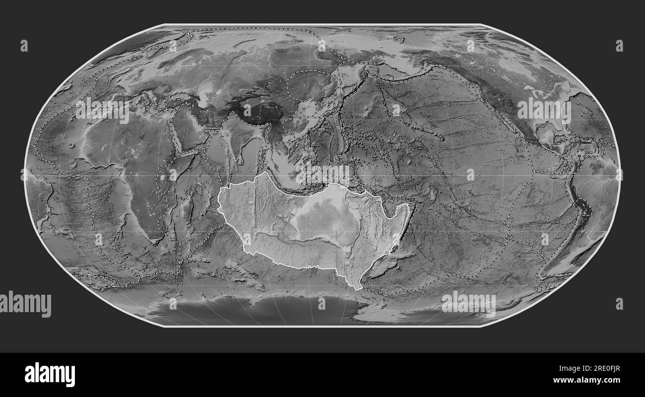 Australian Tectonic Plate On The Grayscale Elevation Map In The Robinson Projection Centered