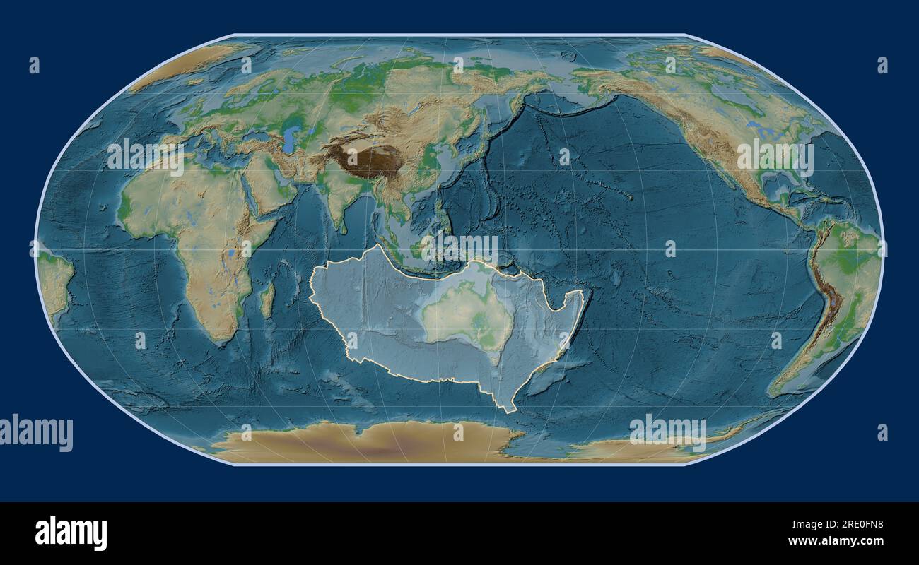Australian tectonic plate on the physical elevation map in the Robinson ...
