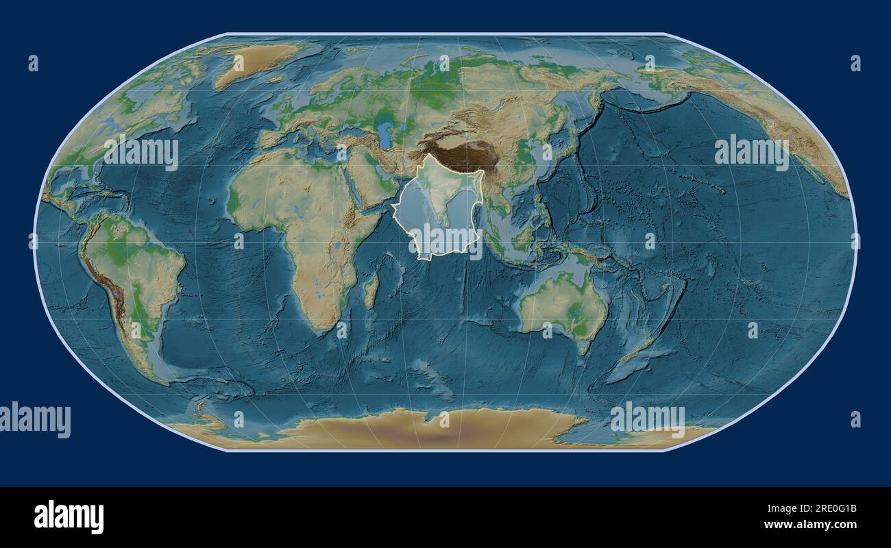 Indian tectonic plate on the physical elevation map in the Robinson ...