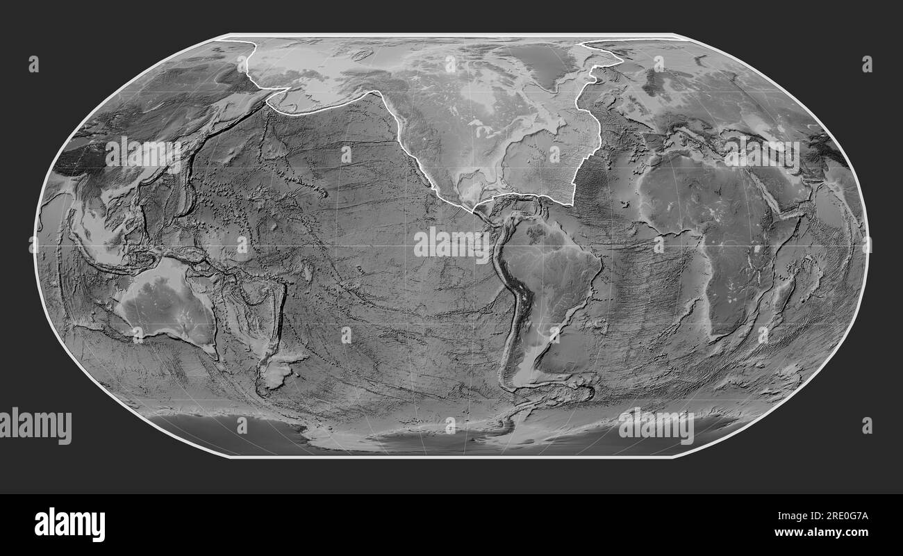 North American tectonic plate on the grayscale elevation map in the ...