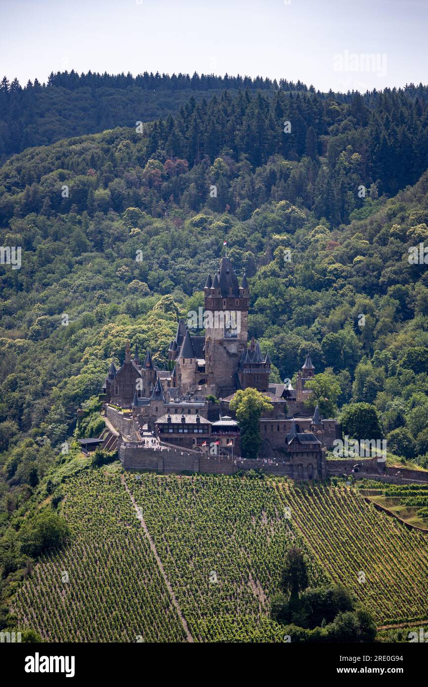 The old German medieval castle Reichsburg Cochem in the hills near the ...